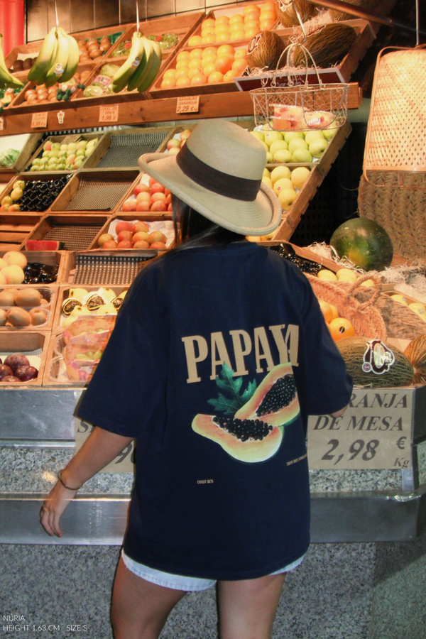 Papaya T-shirt - Deep Navy Oversized Tee with Tropical Papaya Design ...