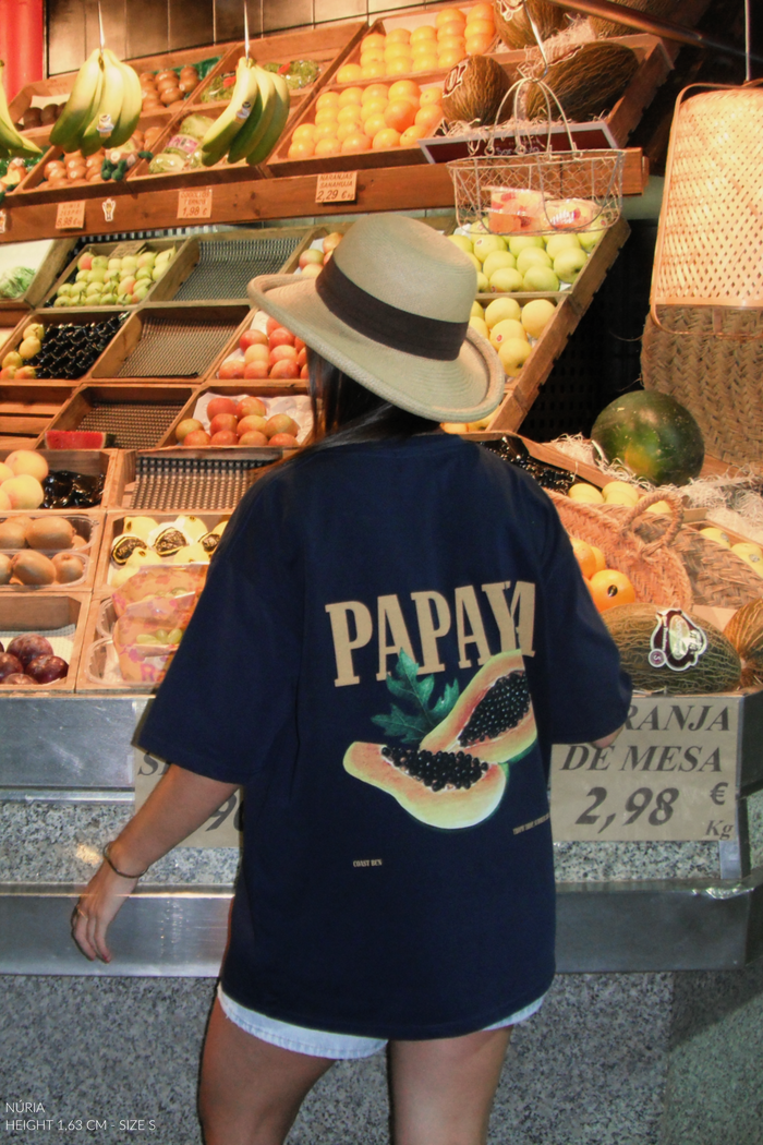 Papaya T-shirt - Deep Navy Oversized Tee with Tropical Papaya Design ...